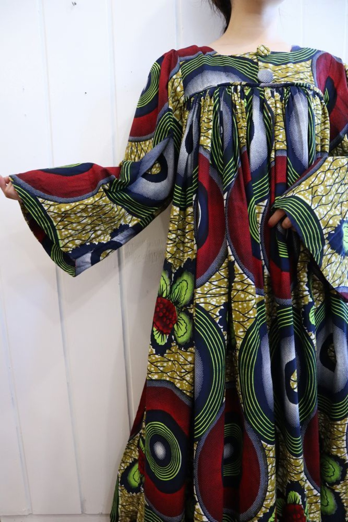 green × red african batik long sleeve dress [k-569] | Fizzvintage