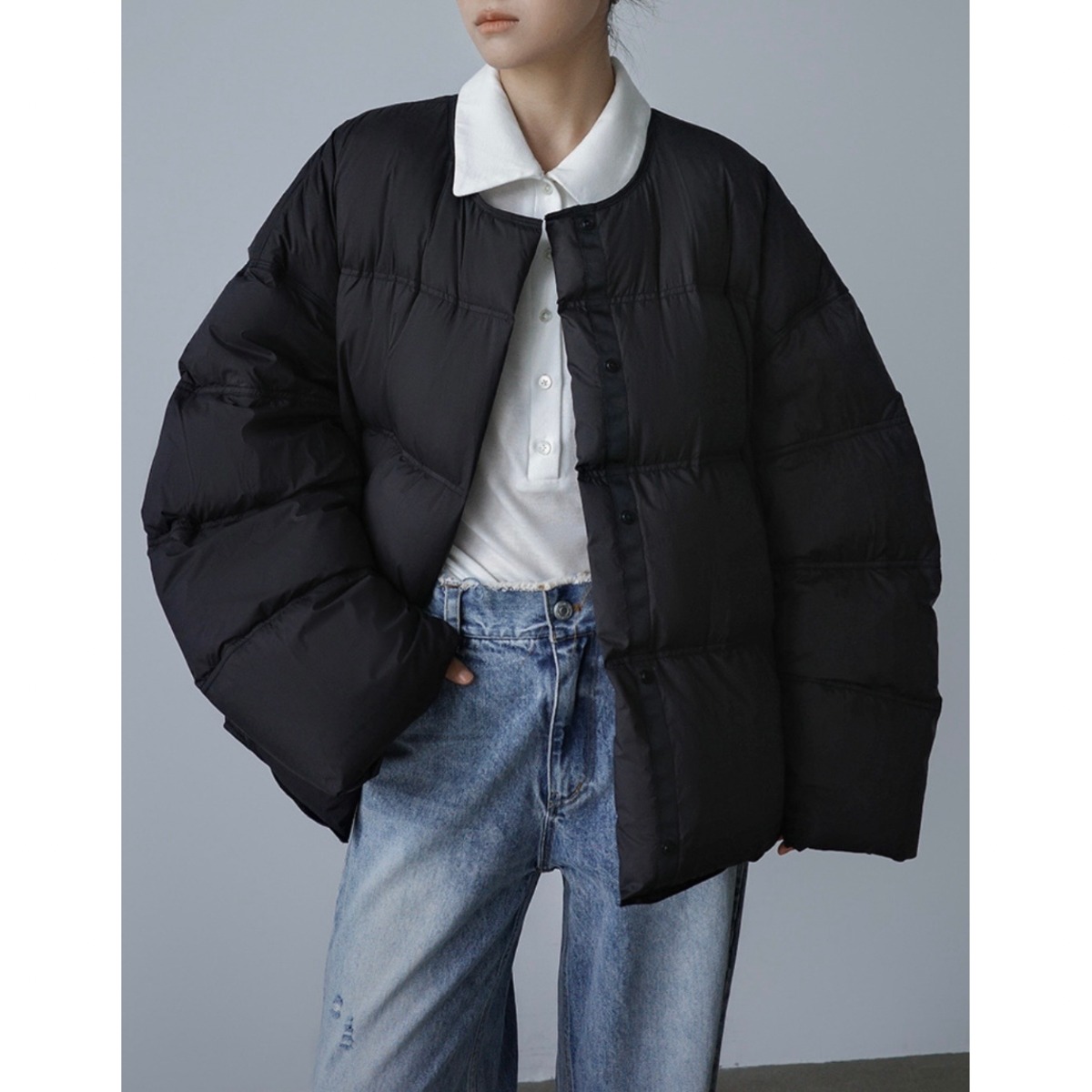 Collarless white duck down jacket G1041 | BoymeetsGirl
