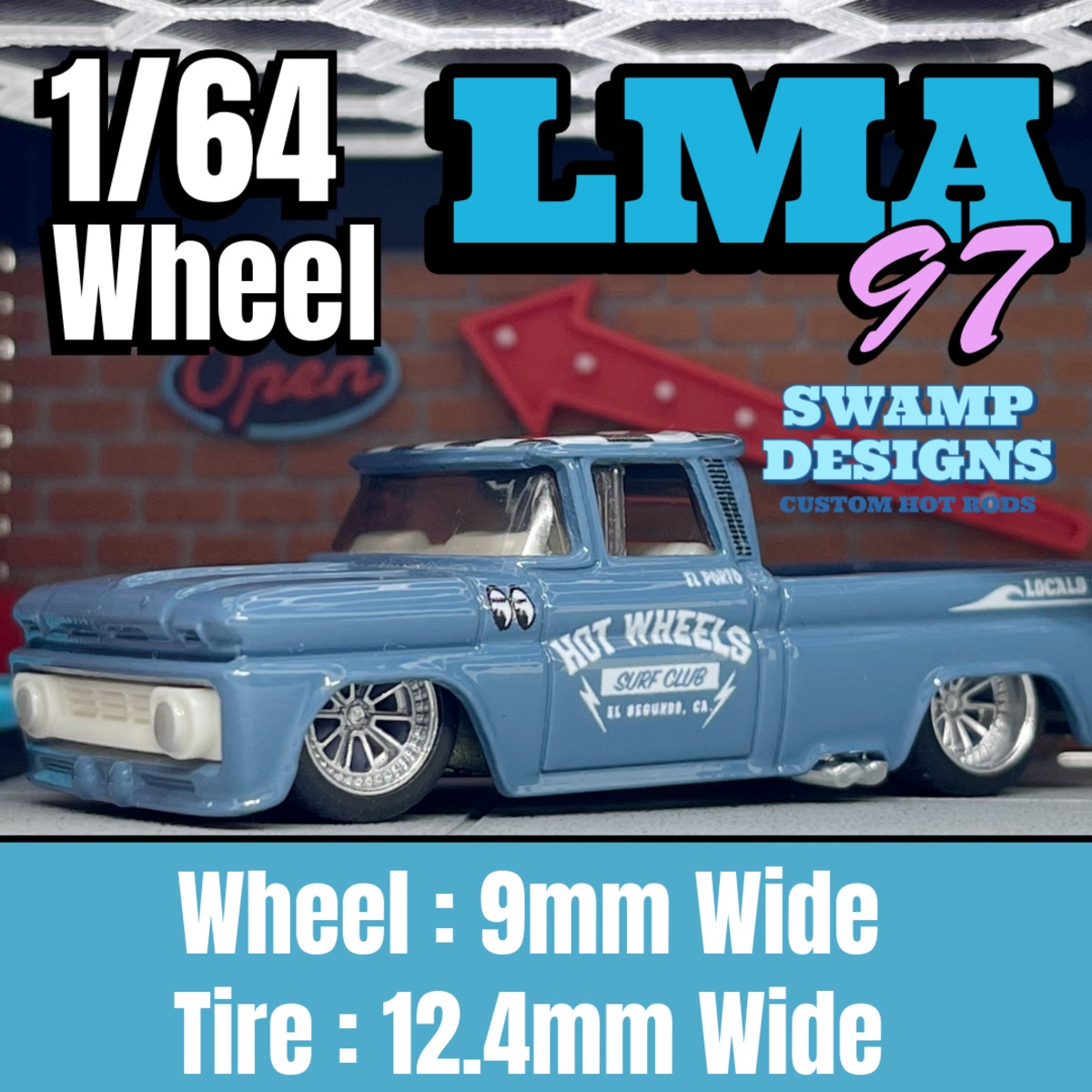 【LMA97】1/64ホイール 大径深リム 1/64ミニカーカスタム用タイヤ＆ホイールセット未塗装 ピックアップトラック 12.4mm | Swamp Designs