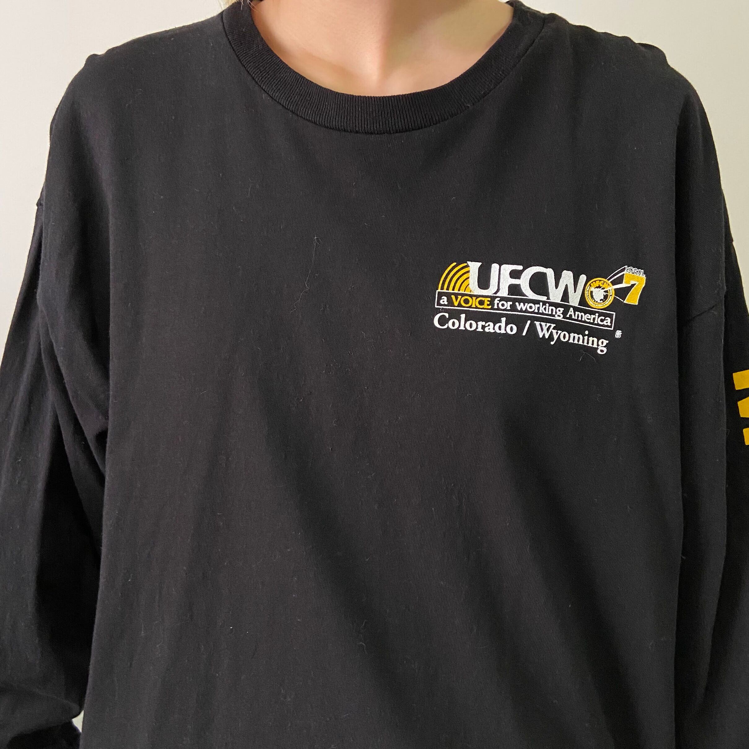USA製 UFCW 胸ロゴ バックプリント 袖プリ ロングTシャツ メンズL 古着 ブラック 黒 ロンT 長袖Tシャツ 【ロングTシャツ ...