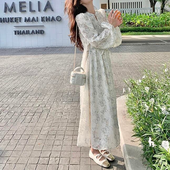 レディース ワンピース 長袖 ランタンスリーブ ロング丈 バタフライ 蝶 プリント Aライン ウエストリボン ルーズ きれいめ 上品 おしゃれ お洒落 シンプル カジュアル 大人可愛い レディース ワンピース 長袖 ランタンスリーブ ロング丈 バタフライ 蝶