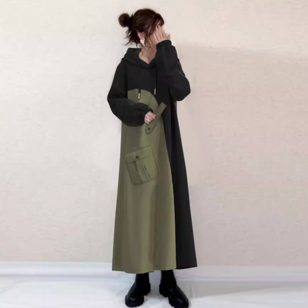 hooded patchwork sweatshirt dress(SN001) | SOÉNA
