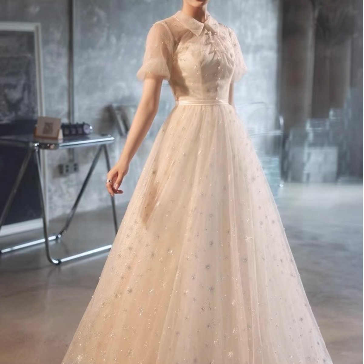 きらめくチュール半袖ロングドレス A00449 | SproutStyle