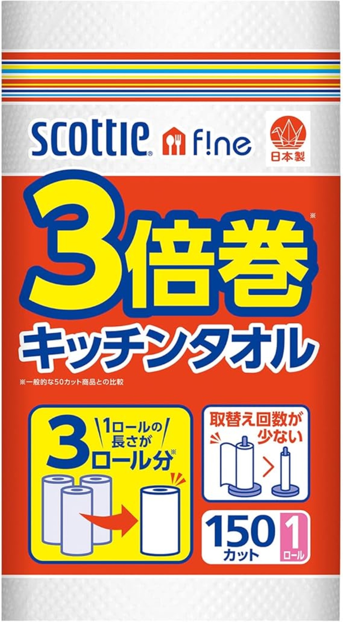 4Rで12Rの長さ 3倍長い！ 150カットの超長巻！ スコッティファイン 3倍巻きキッチンタオル 150カット 1ロール 24入1 | hero01