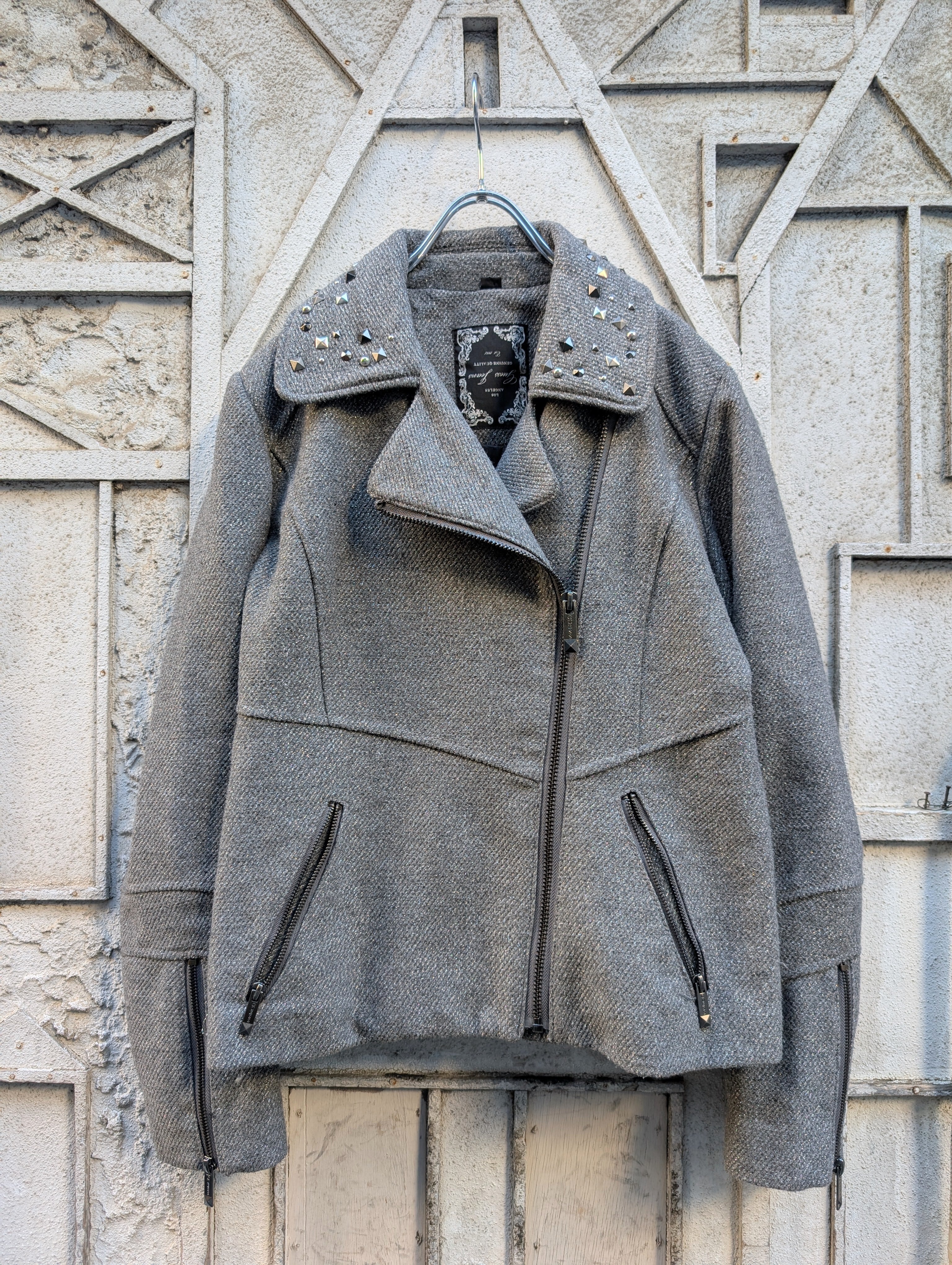 "GUESS" lame & studs design riders jacket | 深緑オンライン