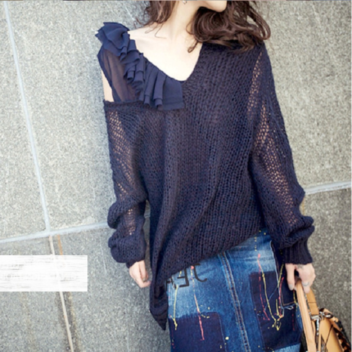 トップス ニット フリル シースルー Vネック 長袖 ネイビー フリンジ 可愛い レース フェミニン お出掛け デート レディース トレ定 上20 トップス ニット フリル シースルー Vネック 長袖 ネイビー フリンジ