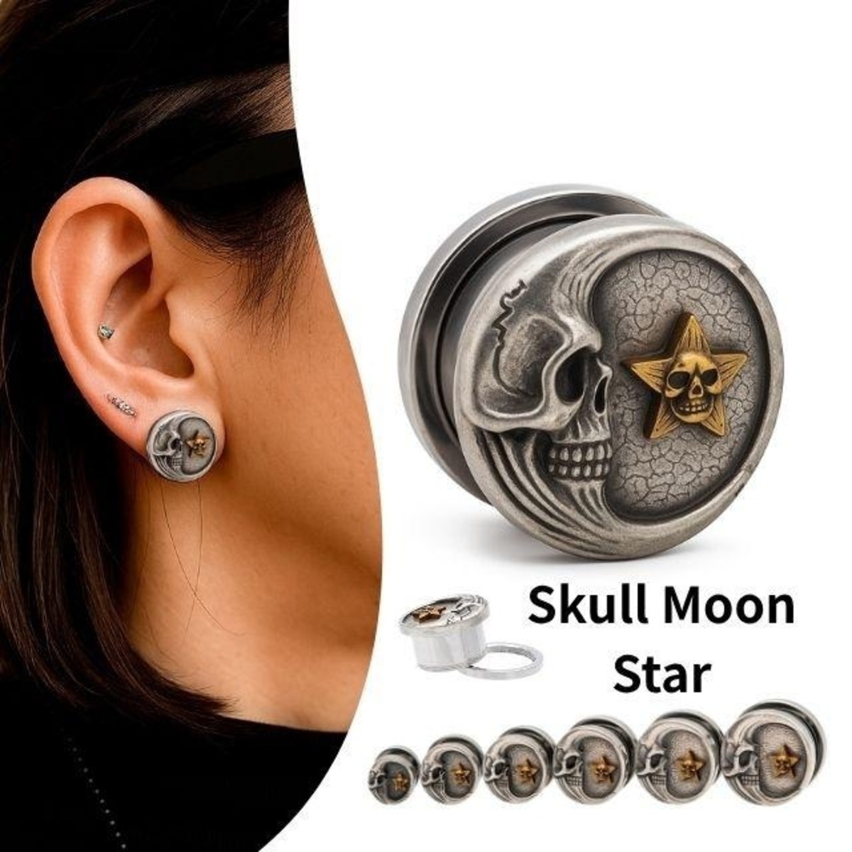 ボディピアス 00G 12mm スカル MOON スター 拡張ピアス ステンレスピアス ロブ 軟骨ピアス | BONshape ボディピアス専門店