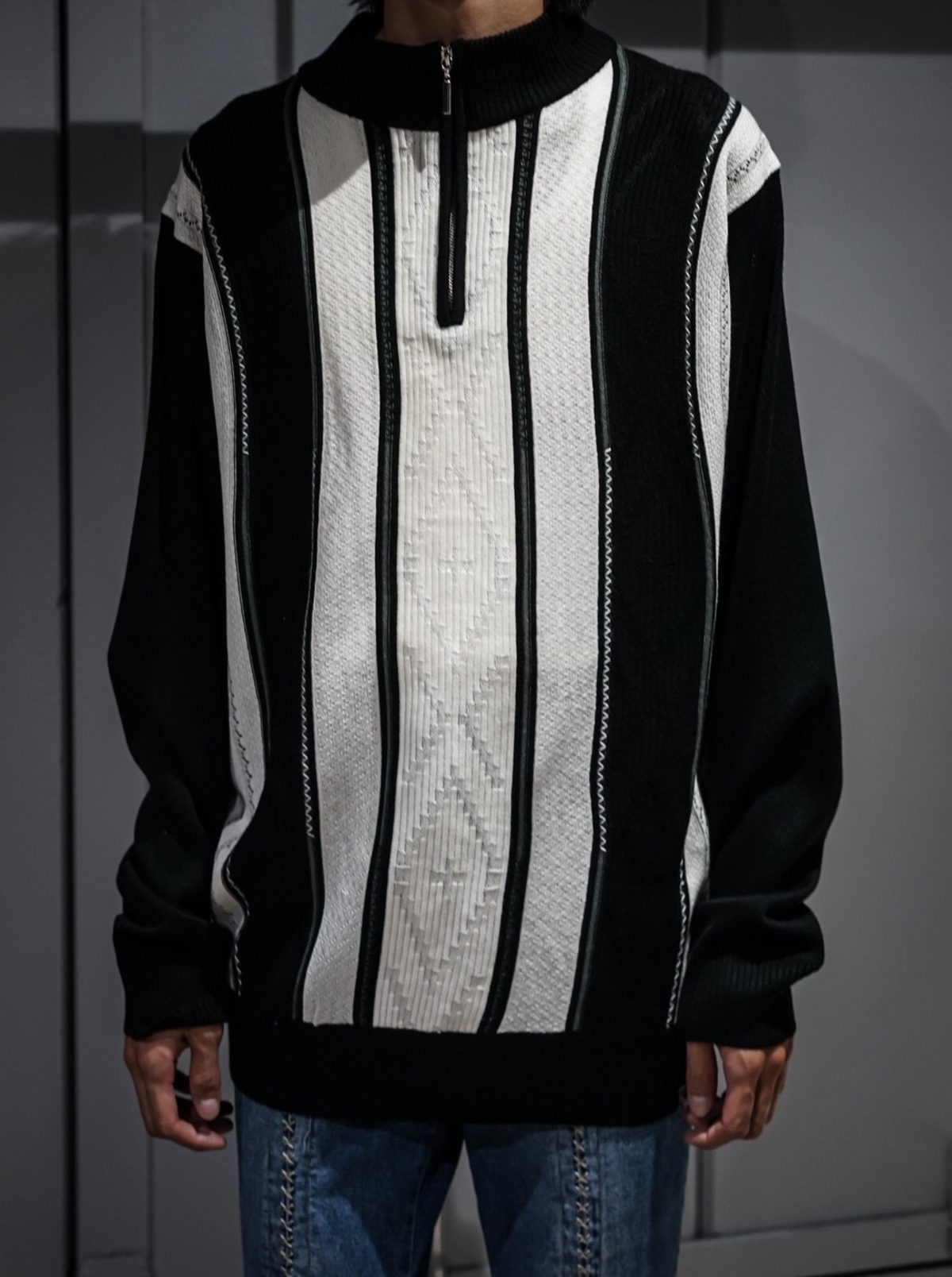 【add (C) vintage】"STACY ADAMS" Multi Pattern Switching Half Zip Long Sleeve Knit Sweater | Caka ...