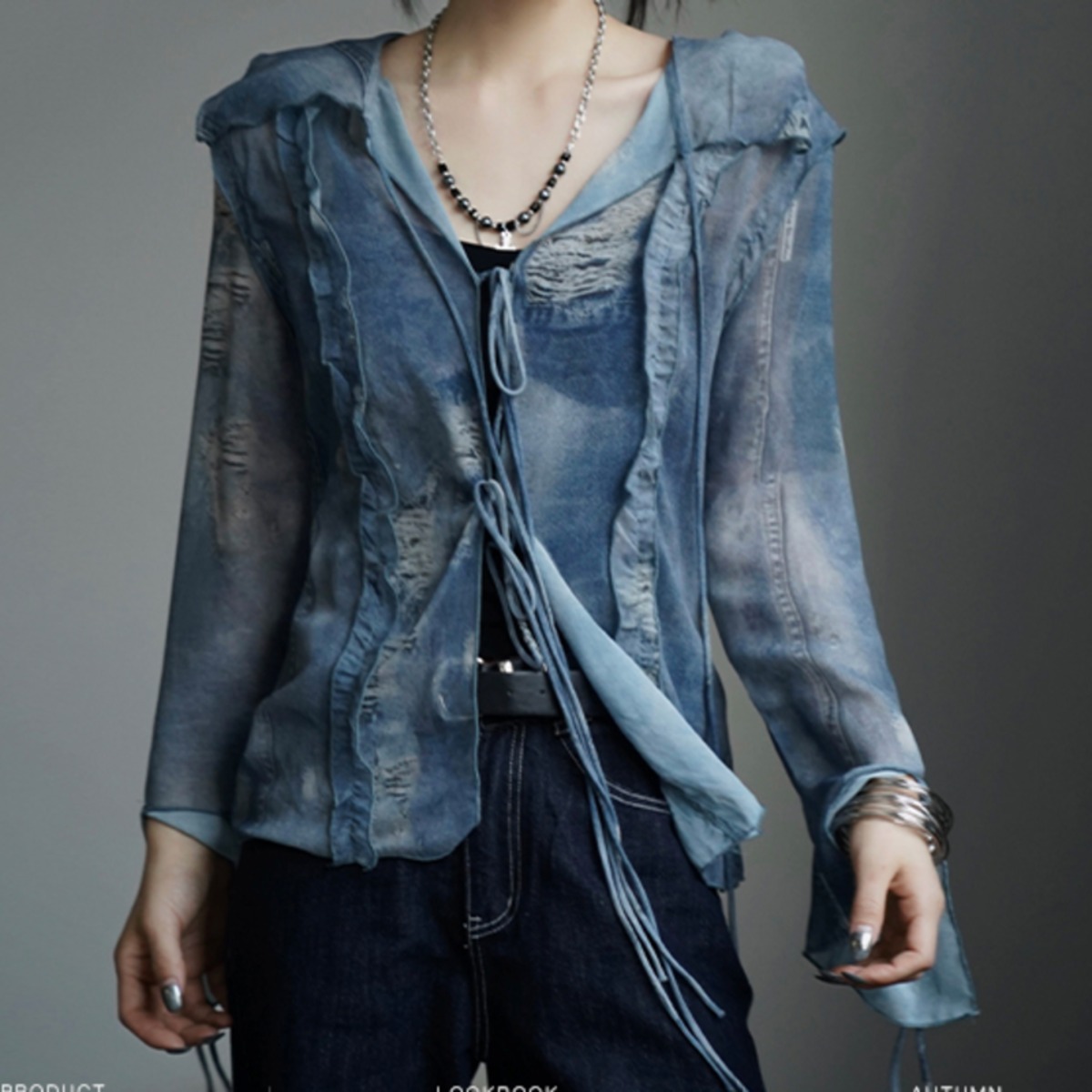 Damage denim print sheer blouse V2218 | ViCHIC.