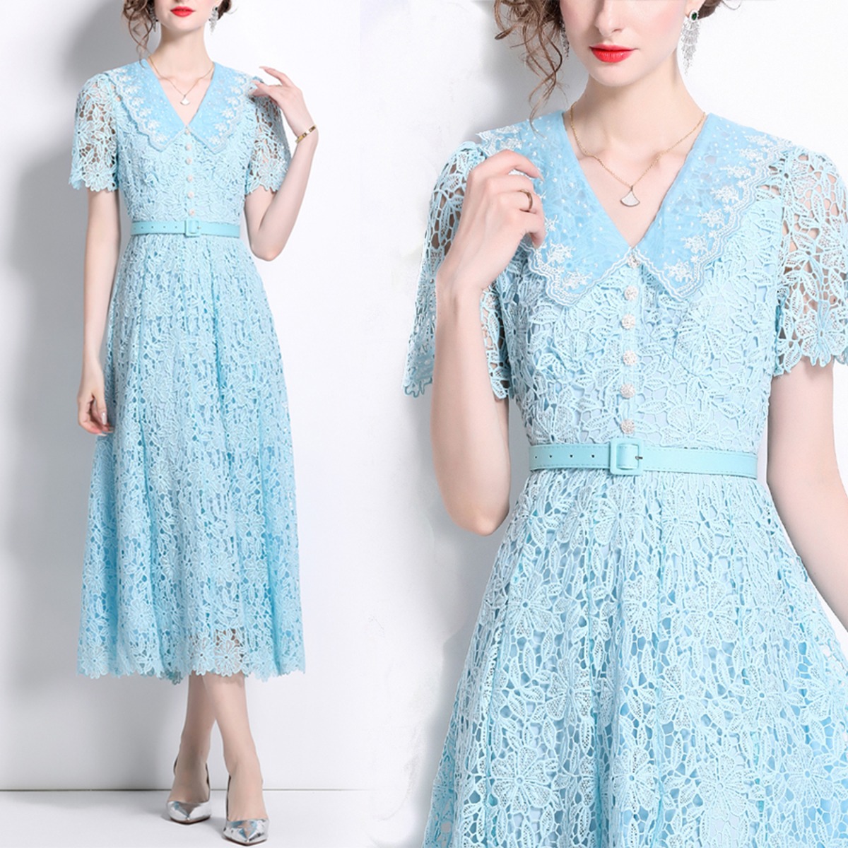 送料無料 D2208 ベルト付き Vネック 刺繍襟 クロッシェレース 半袖 ロング ドレス ワンピース《ライトブルー》 水色 ブルー 青系 ...