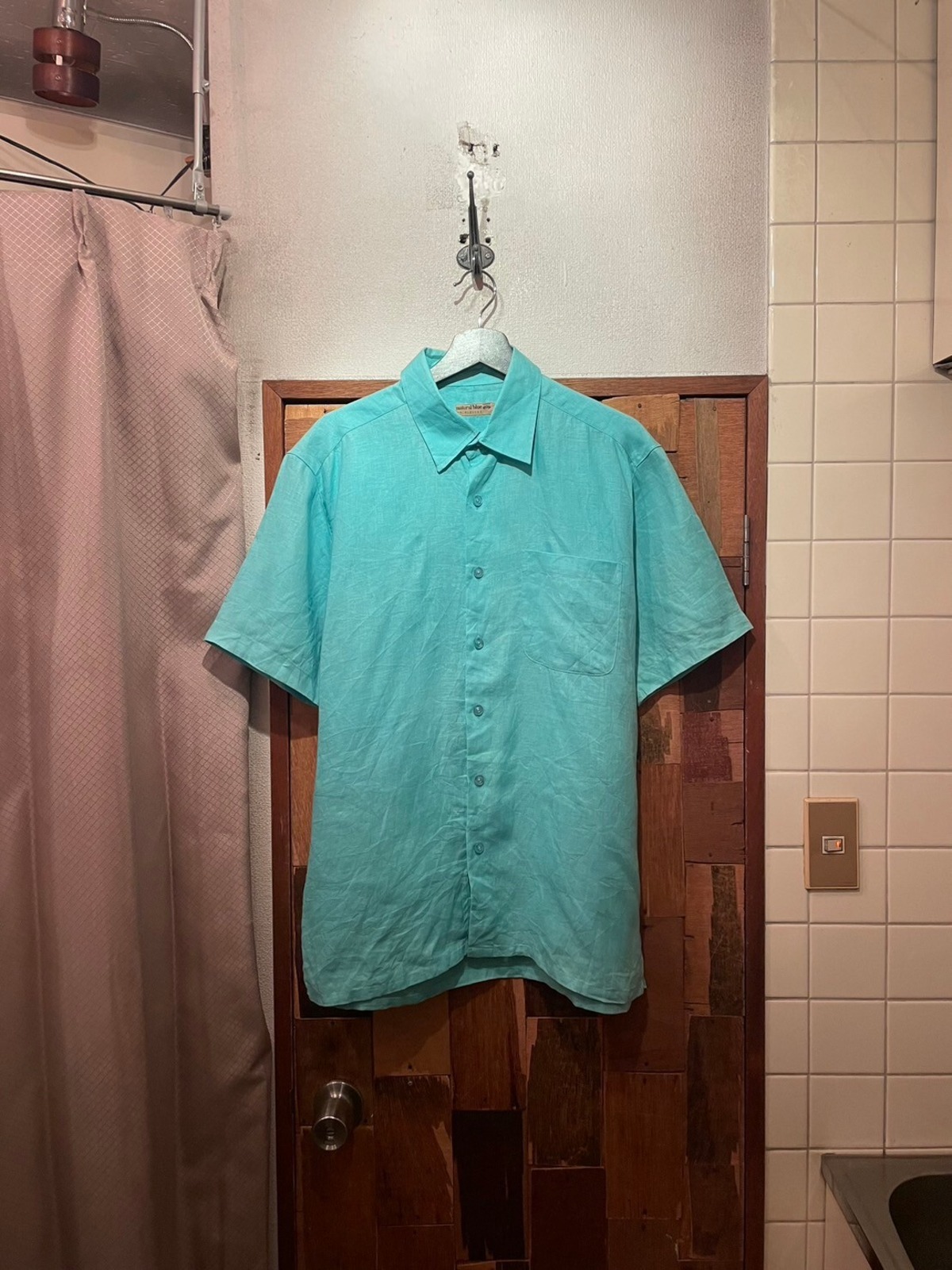 “natural blue" 90's Tiffany blue linen S/S shirt | LAUGH
