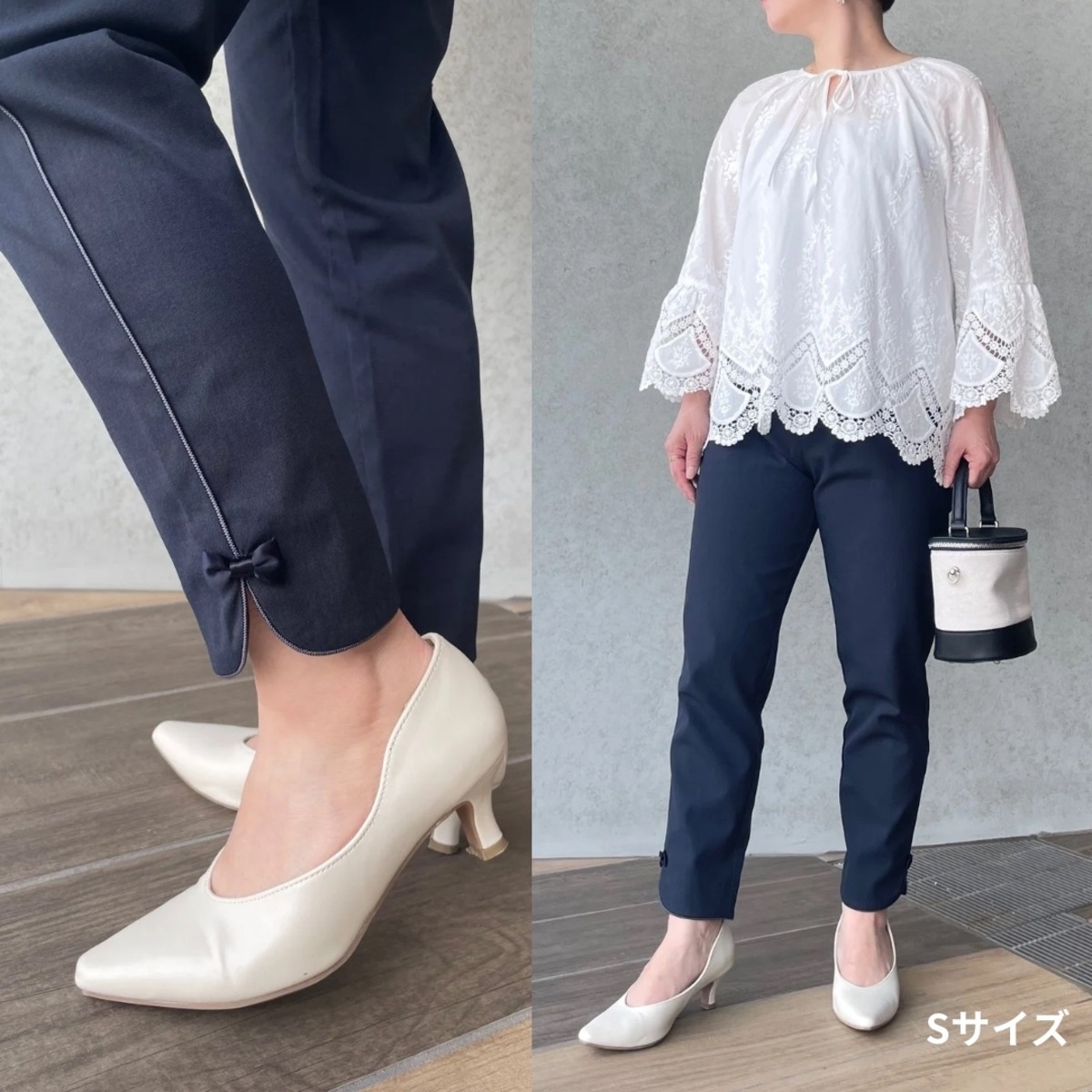 小柄S【冷感接触 UVカット99％】リネン混♡-5kgが叶う スリット入り細見えパンツ 紺 KMC-757 874435 | keep my closet