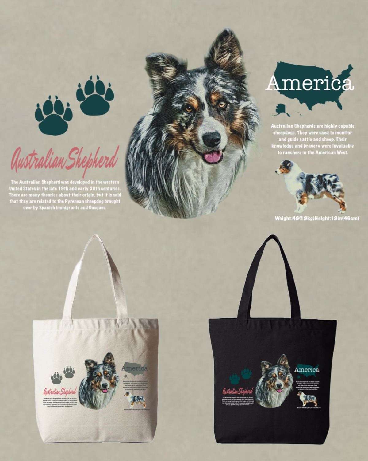 LAPSI DOG BOOK Australian shepherd canvas tote bag | LAPSI DOG VINTAGE ...