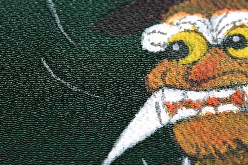 正絹 名古屋帯 大津絵 鬼の寒念佛 グリーン 手描き 染帯 紬 九寸 正絹 名古屋帯 大津絵 鬼の寒念佛 グリーン 手描き 染帯 紬 九寸