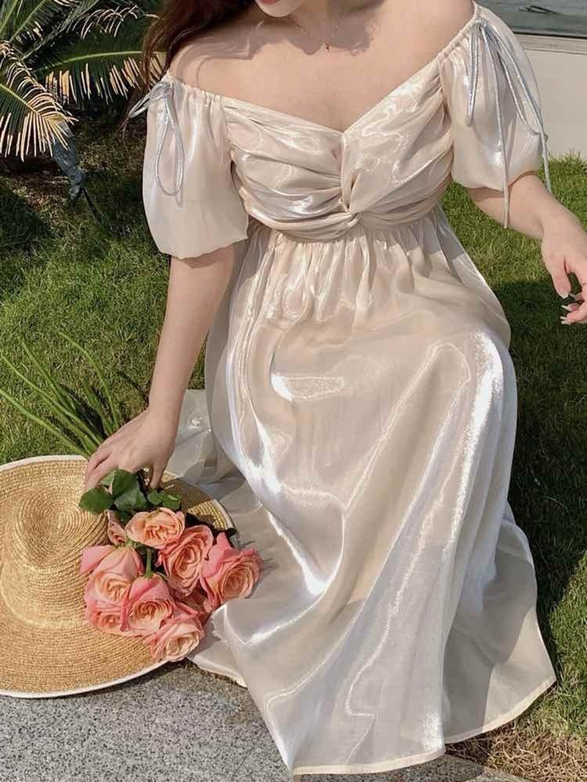 ときめきと華やぎで周囲を魅了 オフショルダーオーガンジードレス ワンピース 半袖 上品 大人可愛い エレガント 肌見せ フェミニン パーティ ...