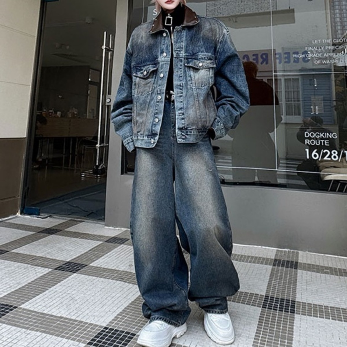 ヴィンテージ風ウォッシュ PUレザー切替 デニムセットアップ D11420 | 韓国メンズファッション専門店｜DiKC(ディック)