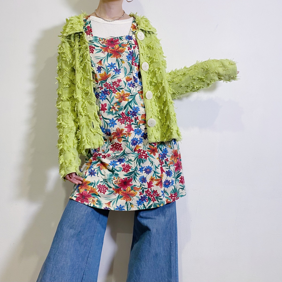 Light green cotton knit shaggy cardigan | LEMON