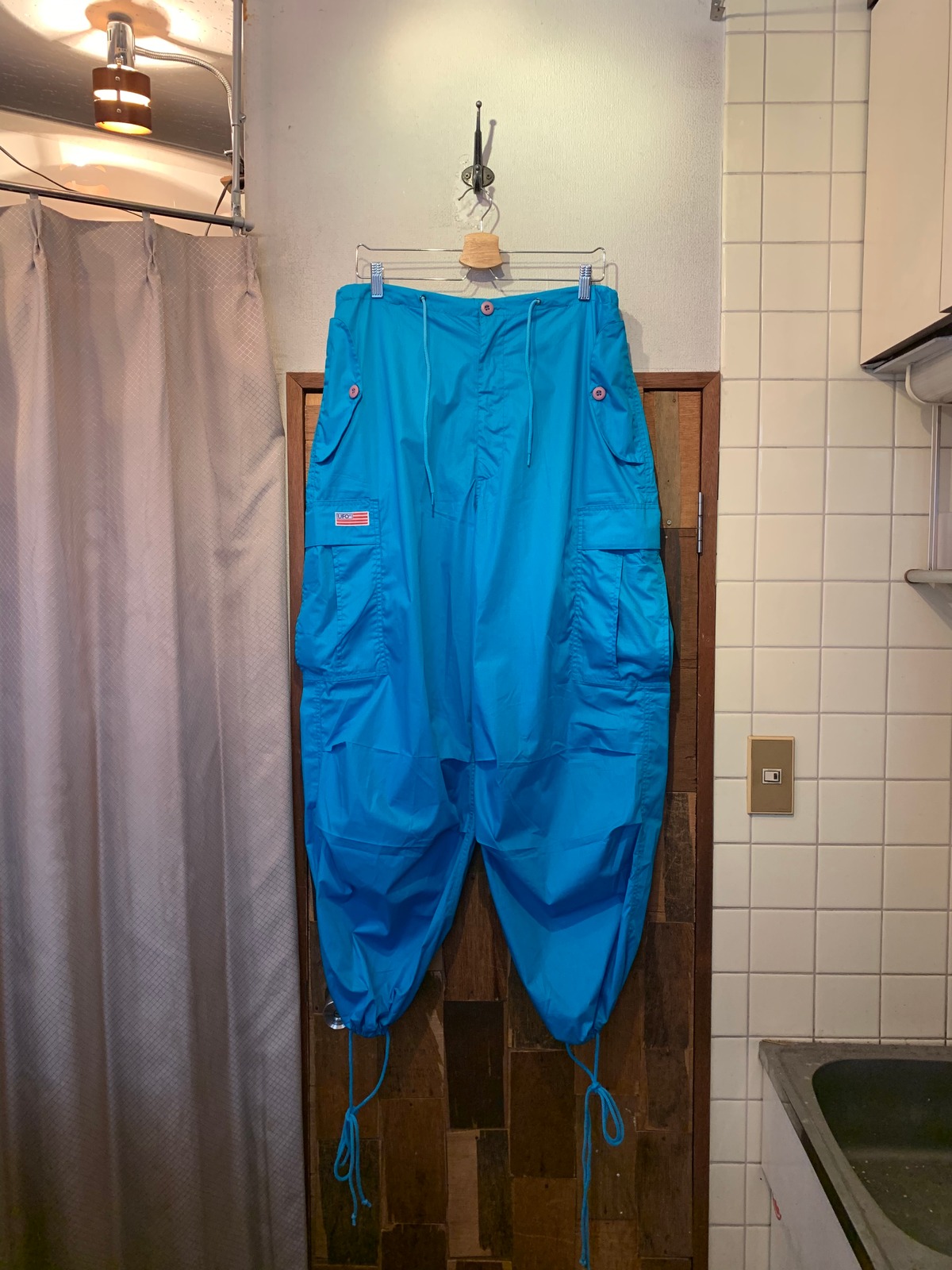 “UFO” turquoise blue poly/cotton design cargo pants | LAUGH