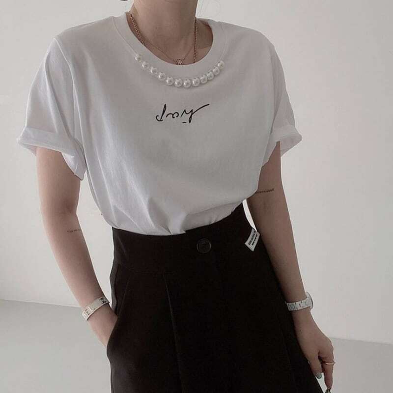 パールモチーフTシャツ ロゴTシャツ 半袖 春 夏 エレガント ママコーデ E244 | Flower Garden