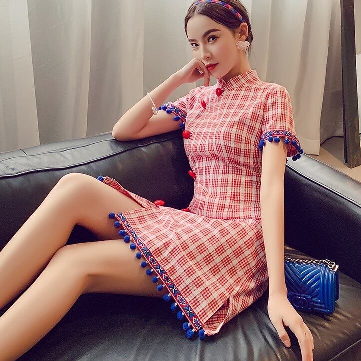 チャイナドレス風ワンピース ビンテージチェック ボンボン シック