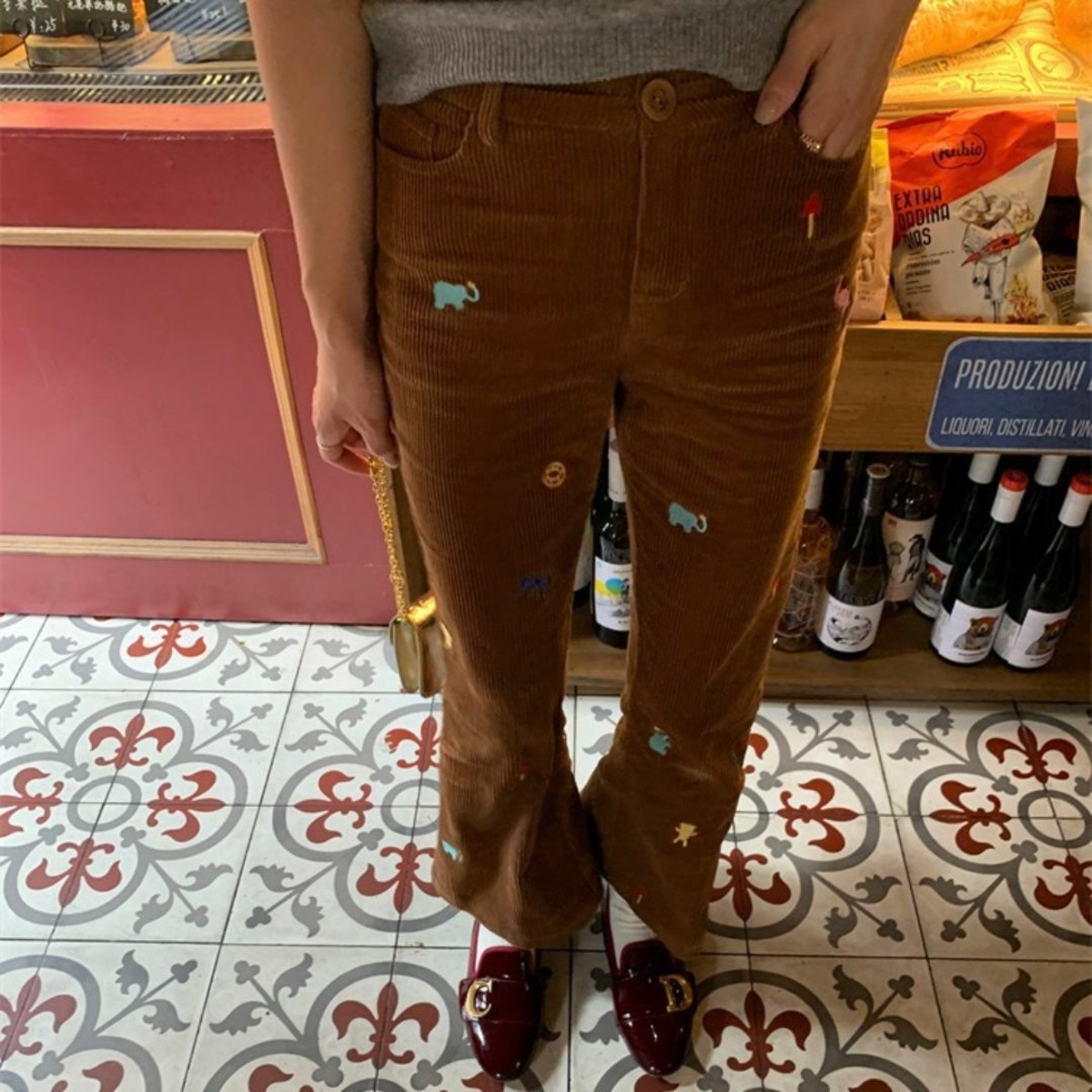 LUOLUOJUANJIE レトロ 刺繍 コーデュロイ フレアパンツ ブラウン | Uturi -日本未入荷 海外ブランドアイテム セレクトショップ-