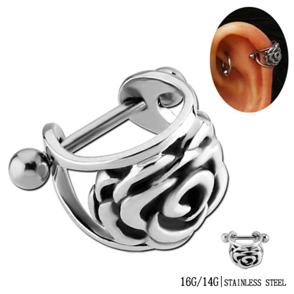 ボディピアス 16G 14G 薔薇 ローズ イヤー カフ へリックス 軟骨ピアス ステンレスピアス | BONshape ボディピアス専門店