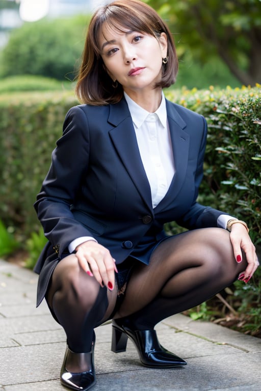 パンツを見せつけて挑発【50代OLしゃがみポーズ】AI熟女グラビア写真集(50枚)「呪文(プロンプト)付き」 | AI熟女ハンター