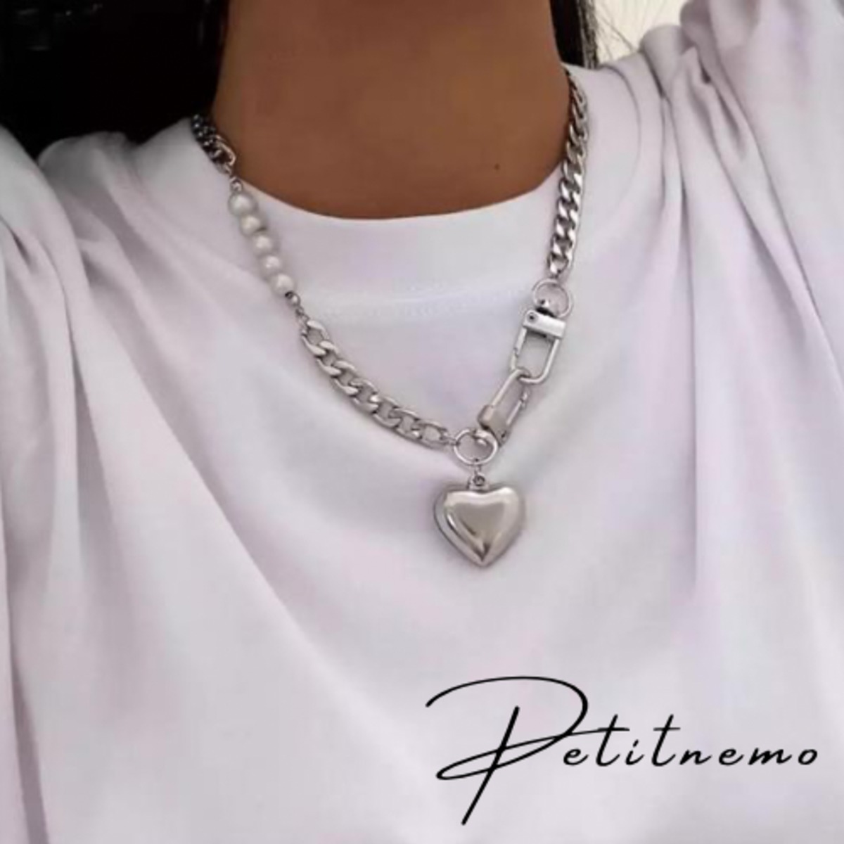 【錆びにくいアクセサリー】heart perl chain | Petitnemo