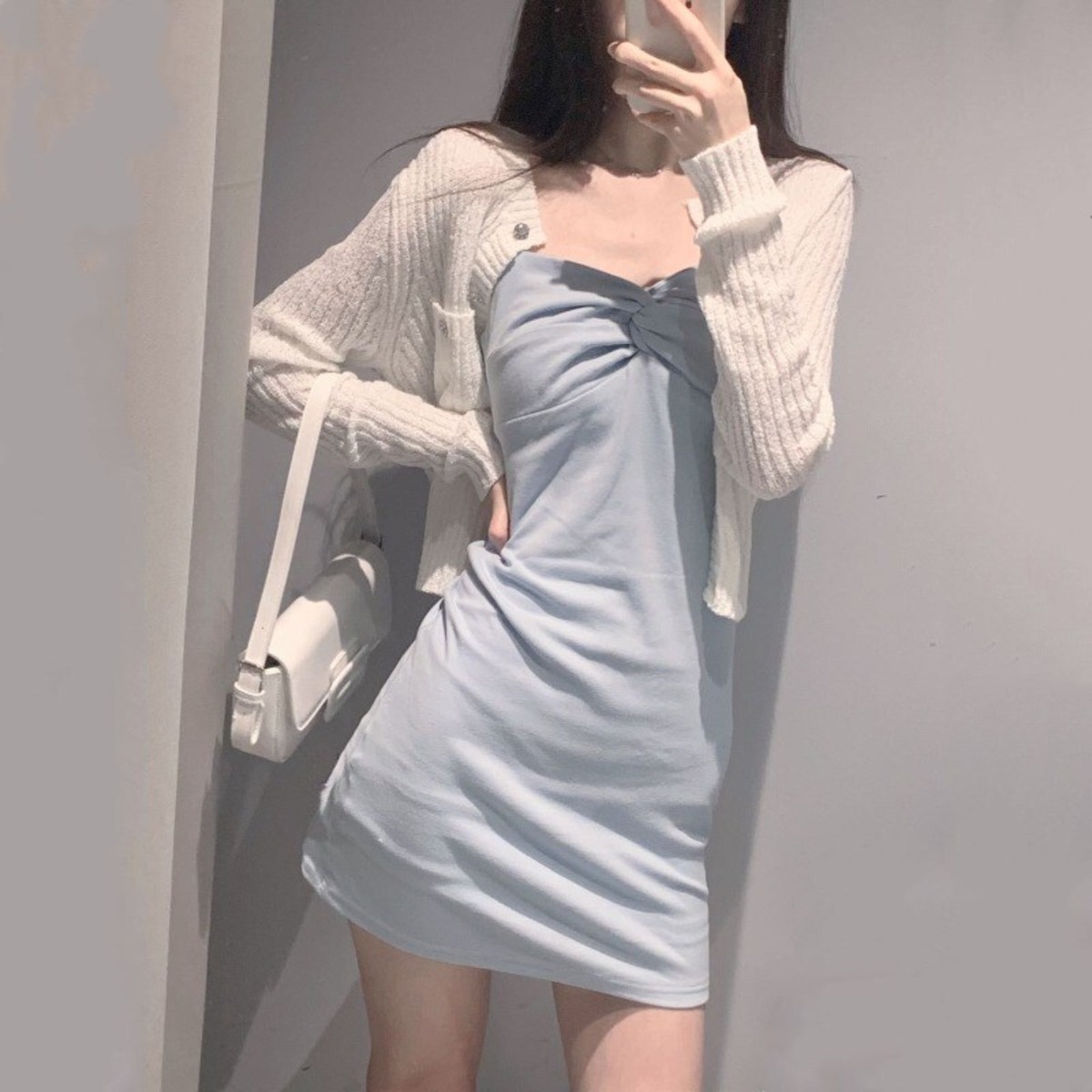 【set】好感度アップ2点セット無地カーディガン＆キャミワンピース N-0273 | nanastyle