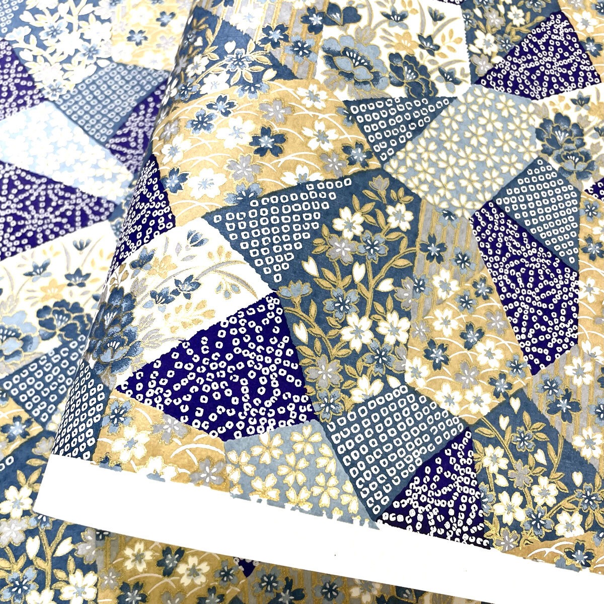 華やかな友禅紙 YUZEN dyeing 鹿の子と絞り 花のコラージュ パッチワーク風 ブルー系 | 森田和紙オンラインショップ《倭紙の店》