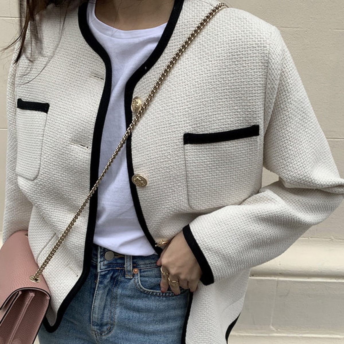 Gold button collarless piping jacket A1199 | arSelects