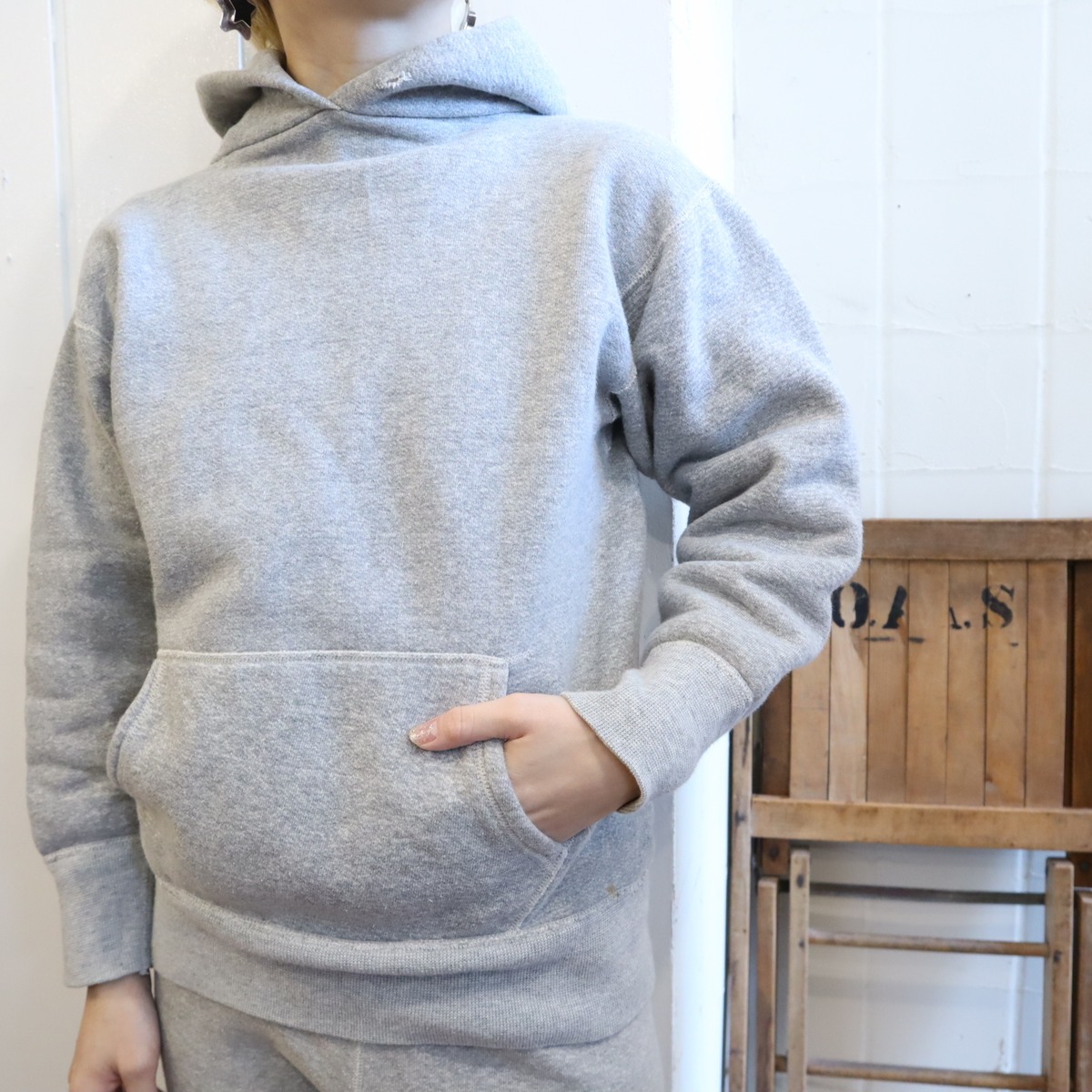 60s gray plain hoodie sweat [l-4412] | Fizzvintage