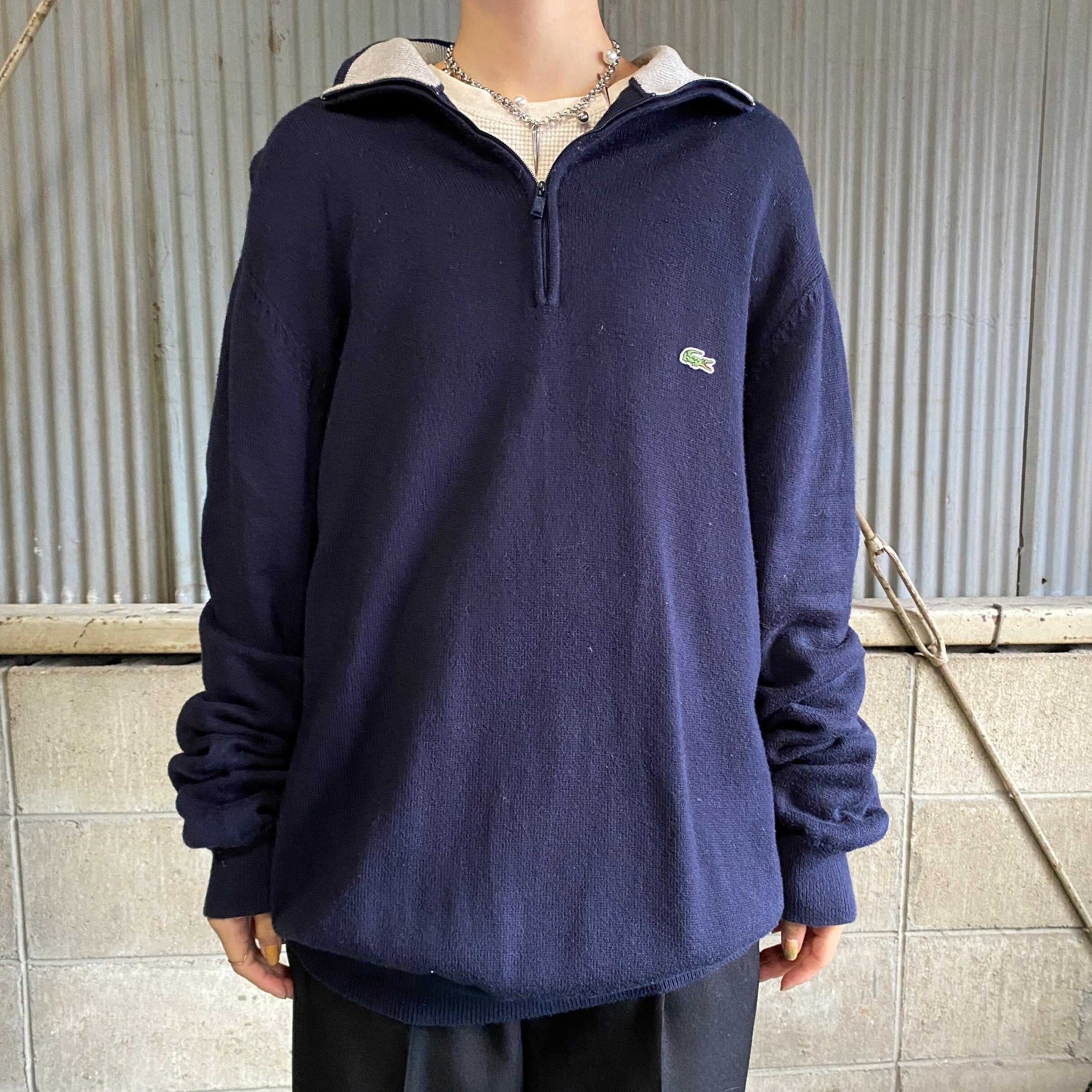 LACOSTE ラコステ ハーフジップ コットンニット セーター 4メンズL相当 古着 ネイビー 紺 ハイネック【ニットセーター ...