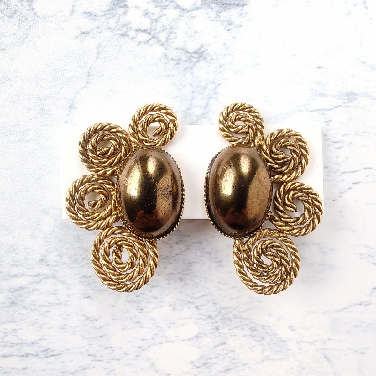 《Pelini》 twist wire swirl bronze cabochon vintage earrings ペリーニ ヴィンテージ ...