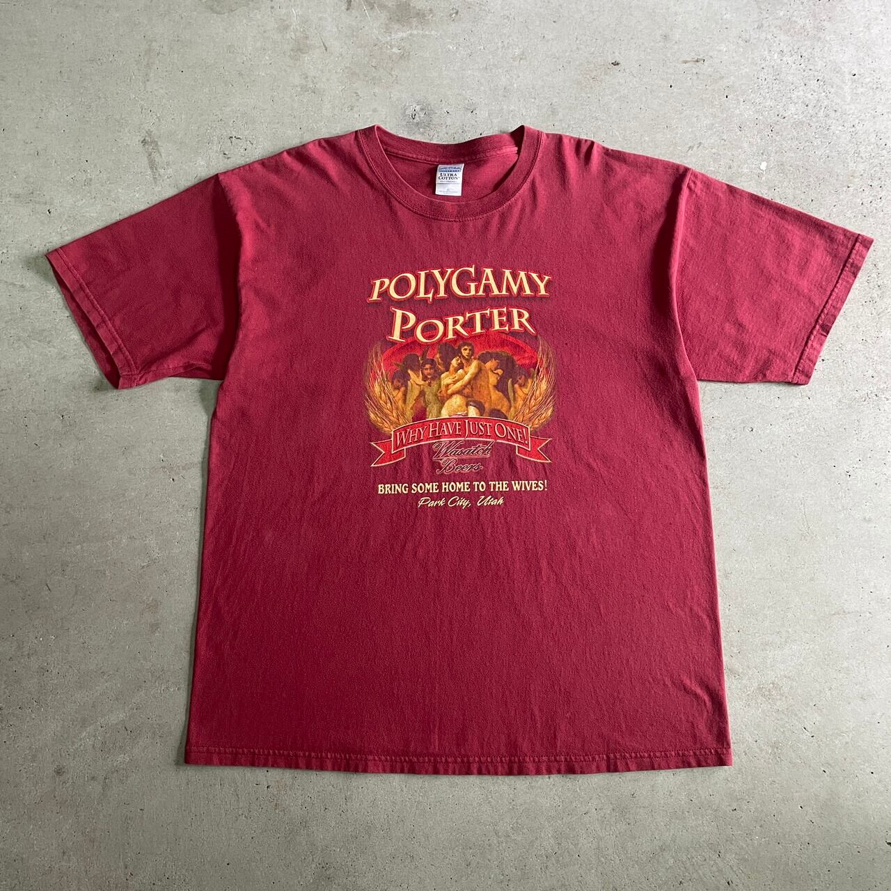 POLYGAMY PORTER クラフトビール アドバタイジング 企業ロゴ プリントTシャツ メンズXL 古着ワインレッド ボルドー えんじ ...