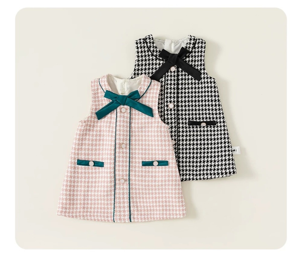 [2color]Dogtooth neck ribbon dress | leshuu.baby.kids