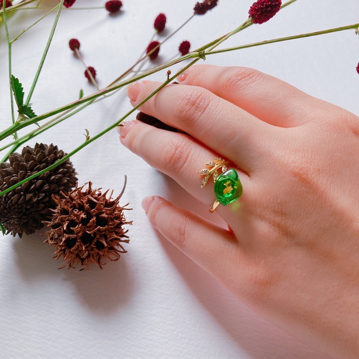 14KGF シーグラスとリーフのリング シーグリーン | Armo