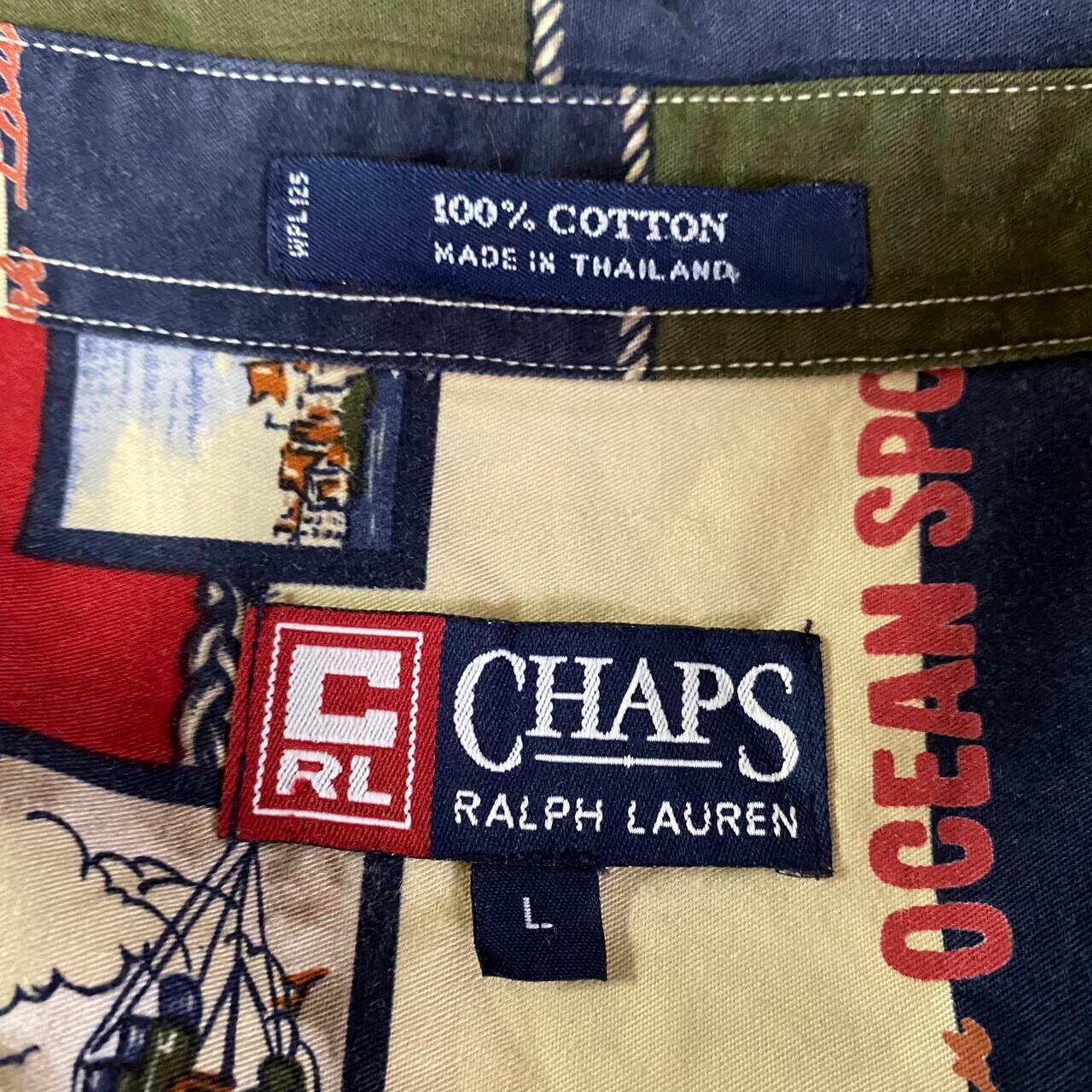 90年代 CHAPS Ralph Lauren チャップス ラルフローレン 船 ロゴ ボーダー柄 半袖 ボタンダウン 総柄シャツ メンズXL ...