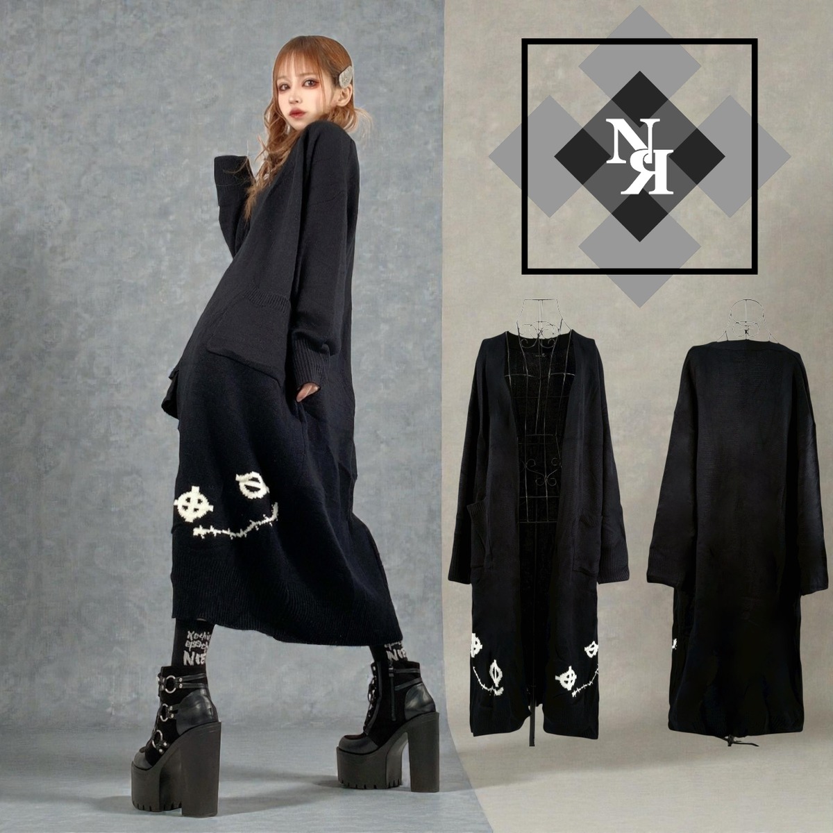 【新春応援イベント55%OFF】FACE DESIGN BLACK LONG KNIT OUTER | NIER CLOTHING