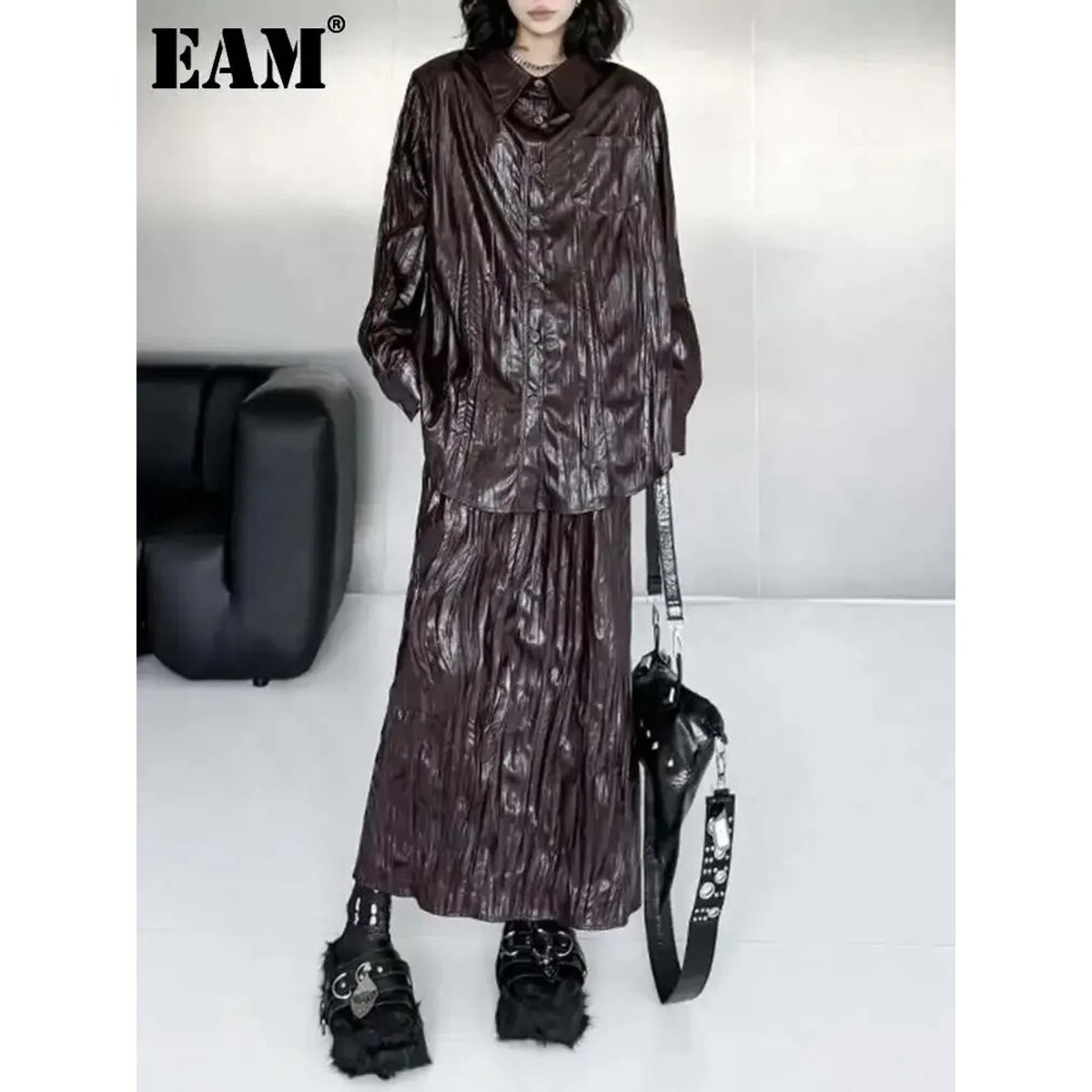 Shirt＆Long-Skirt Leather Crumply Set Up【E0480】 | EAM JAPAN