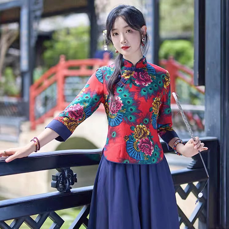 チャイナ服 トップス 春秋 七分袖 民族風 花柄 チャイナシャツ チャイナ服 トップス 春秋 七分袖 民族風 花柄 チャイナシャツ