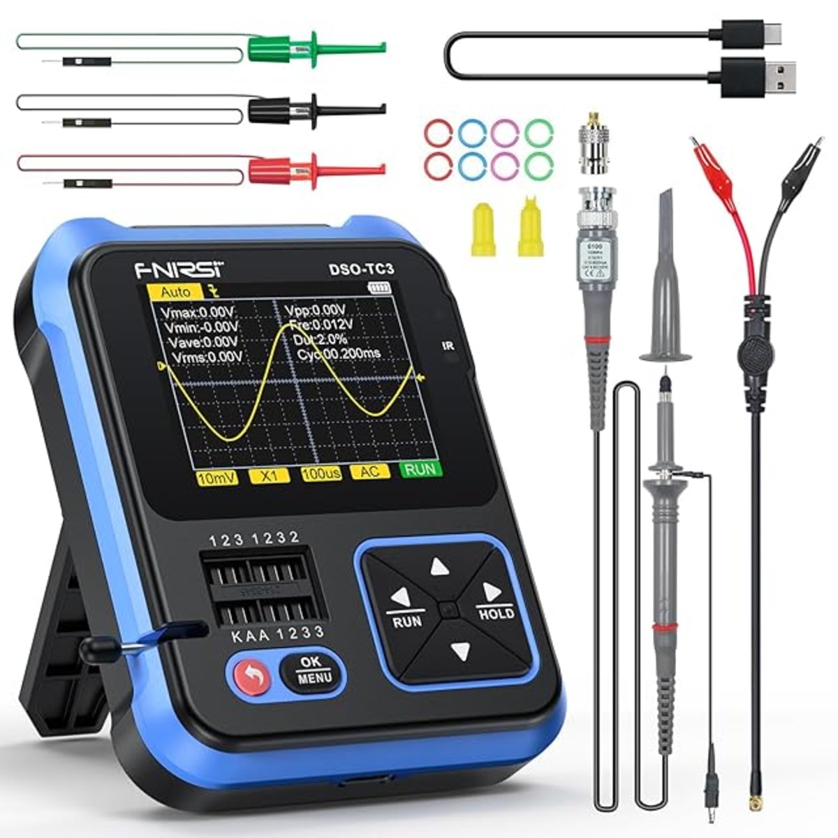 FNIRSI DSO-TC3 オシロスコープ 500kHz帯域幅 10MS/s サンプルレート対応 3 in1 ハンドヘルドデジタルオシロスコープ トランジスタテスター 信号発生器 ポータブル ...