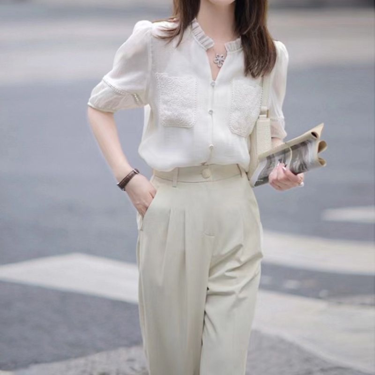 ホワイトセットアップ シフォントップス＆タックパンツ A00291 | SproutStyle