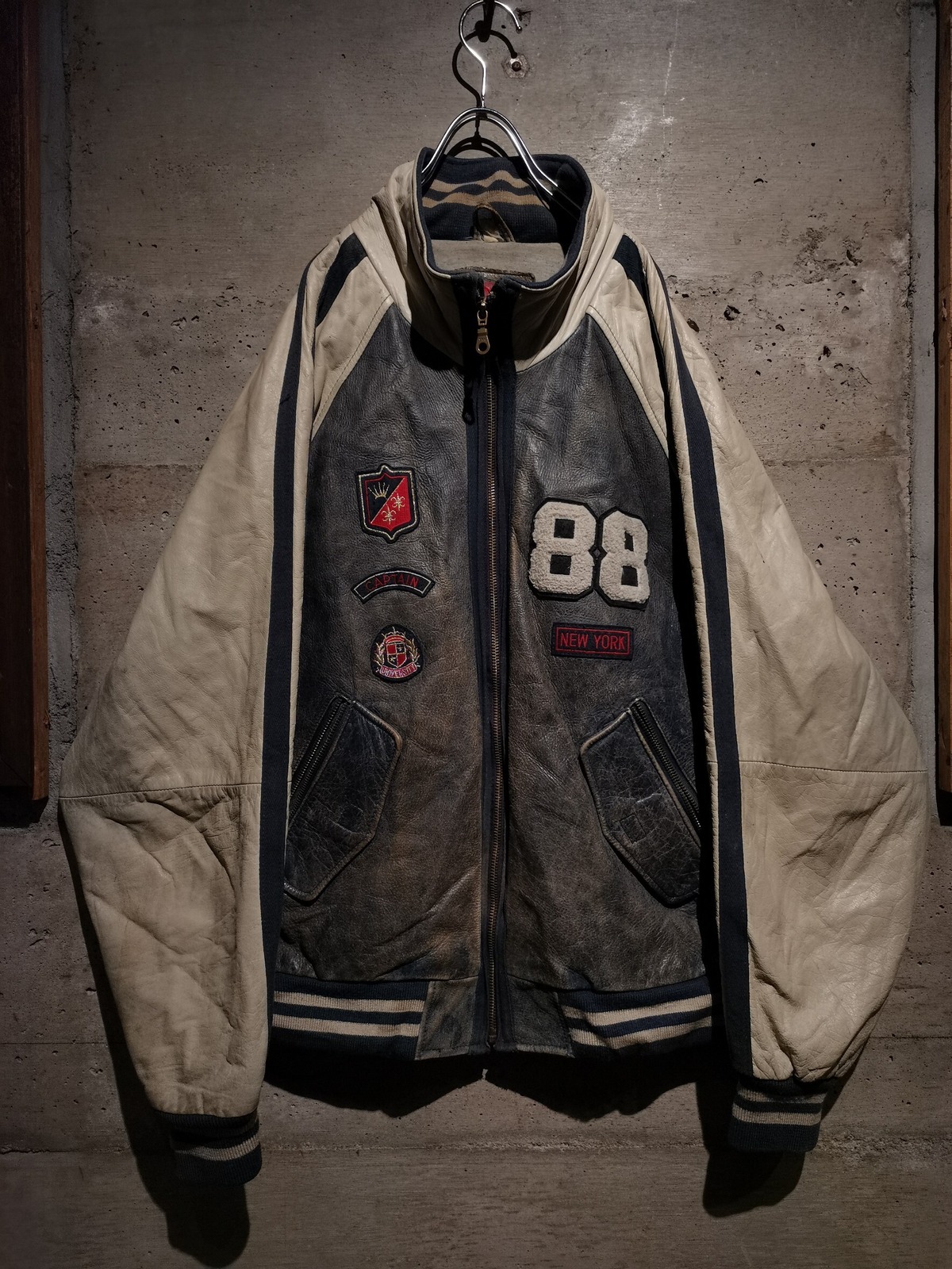 【Caka】Special Patch Design Vintage Loose Leather Stadium Jacket | Caka ...
