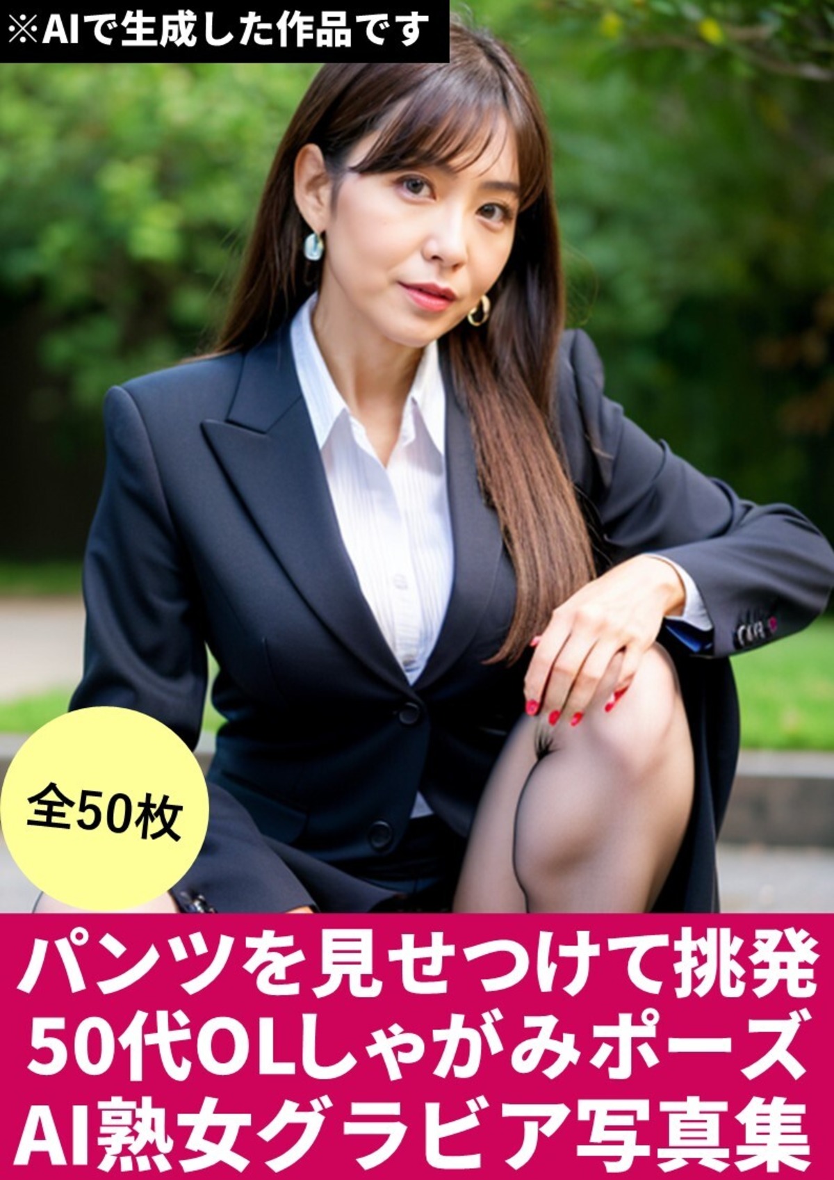 パンツを見せつけて挑発【50代OLしゃがみポーズ】AI熟女グラビア写真集(50枚)「呪文(プロンプト)付き」 | AI熟女ハンター