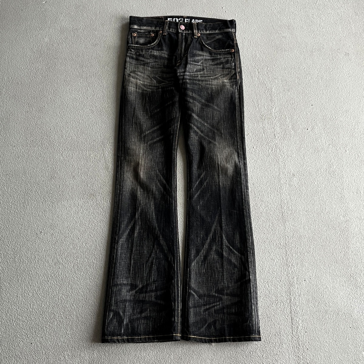 2000s edwin aging denim flare trousers | lev.market