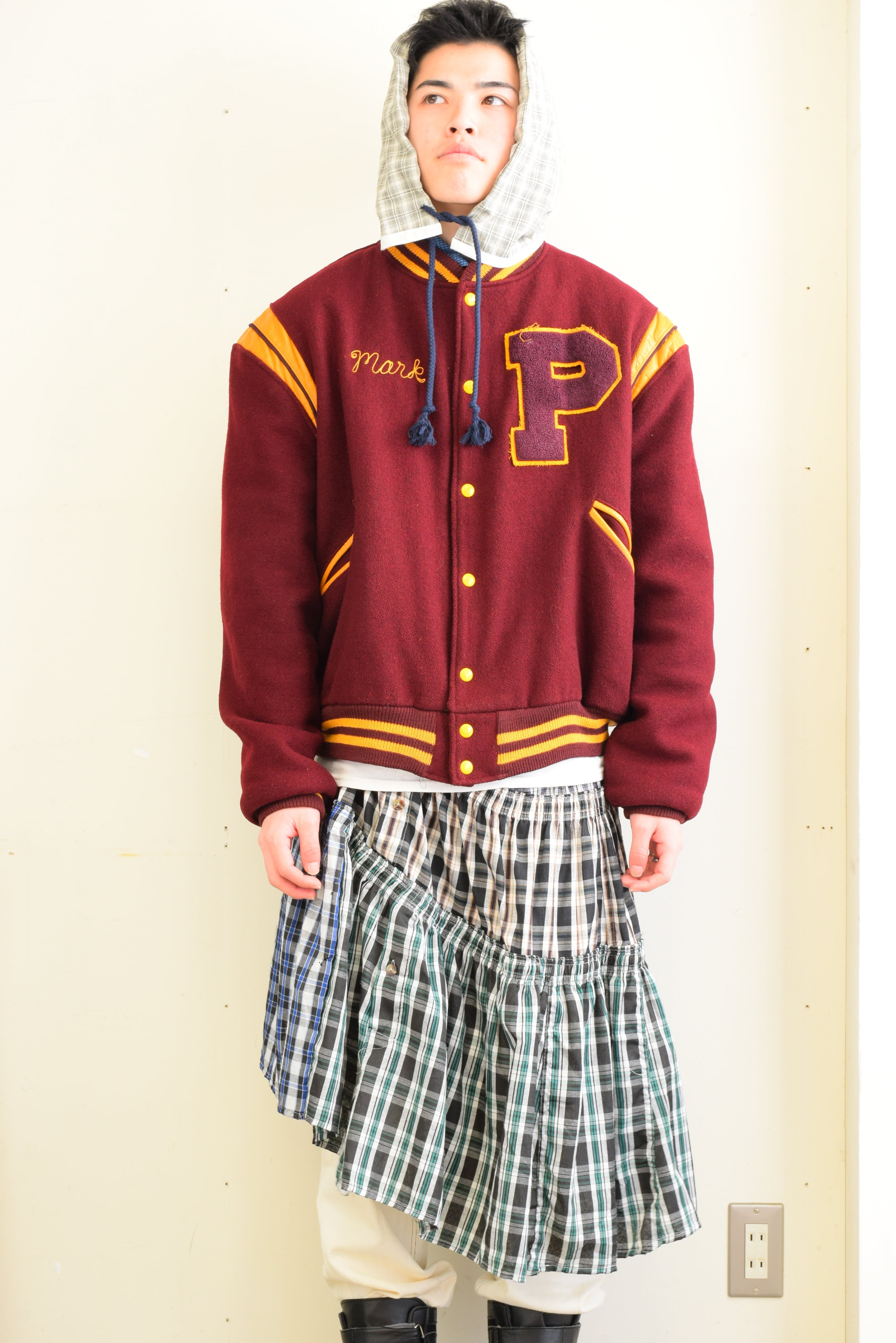 80‘s BUTWIN スタジアムジャンパー バーガンディ メンズXL程度 バーシティジャケット ワッペン 古着 fc-2874 ...