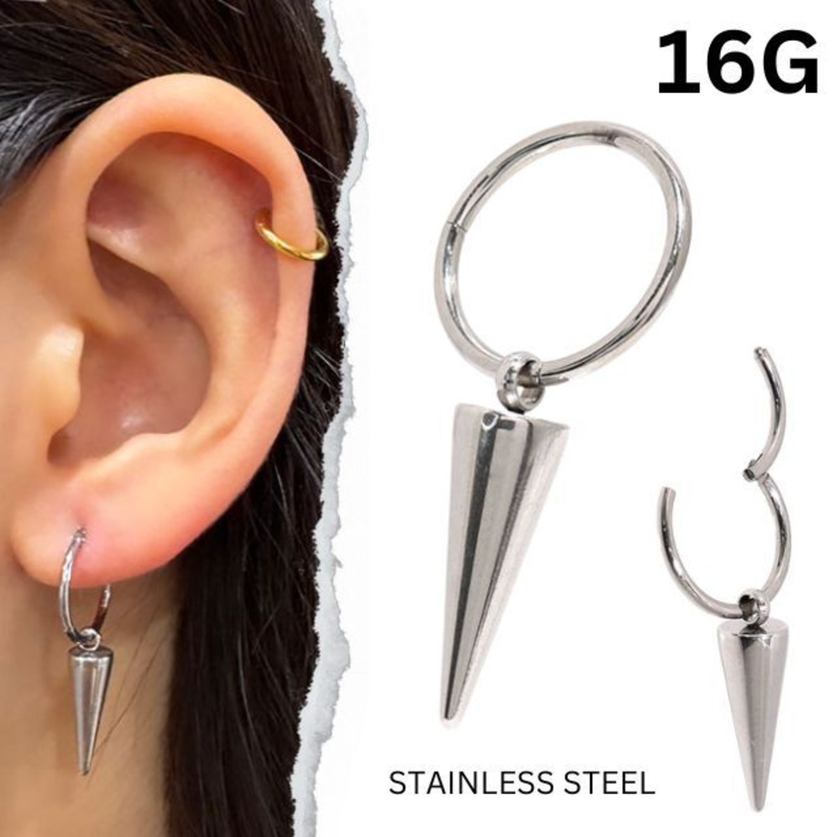 リングピアス 16G 2WAY スパイク クリッカー 軟骨ピアス ワンタッチピアス つけっぱなし ステンレスピアス セカンドピアス ボディピアス | BONshape ボディピアス専門店