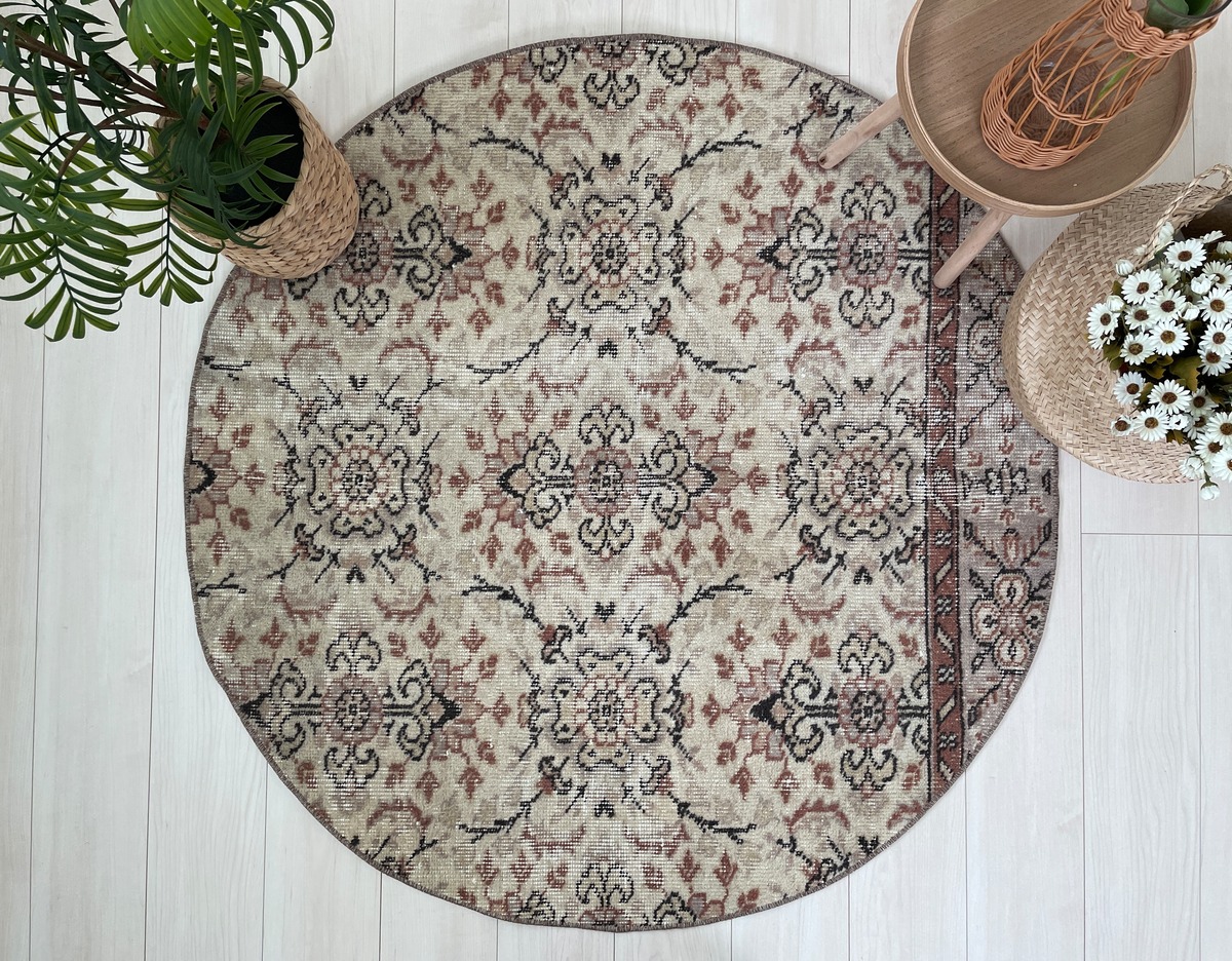 70's vintage round rug -”manmaru hibiscus” floral- | SUN vintage rug｜お ...