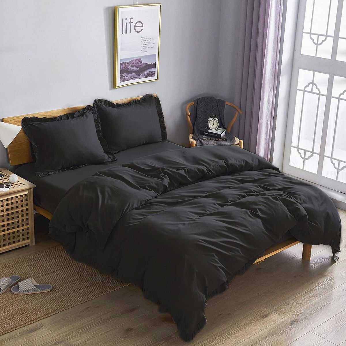 【在庫処分】HOdo Home 布団カバー シングル 3点セット 掛け布団カバー ベッドカバー 枕カバー ベッドシーツ ボックスシーツ 洋式・和式兼用 寝具カバーセット フリル付き ピーチ ...